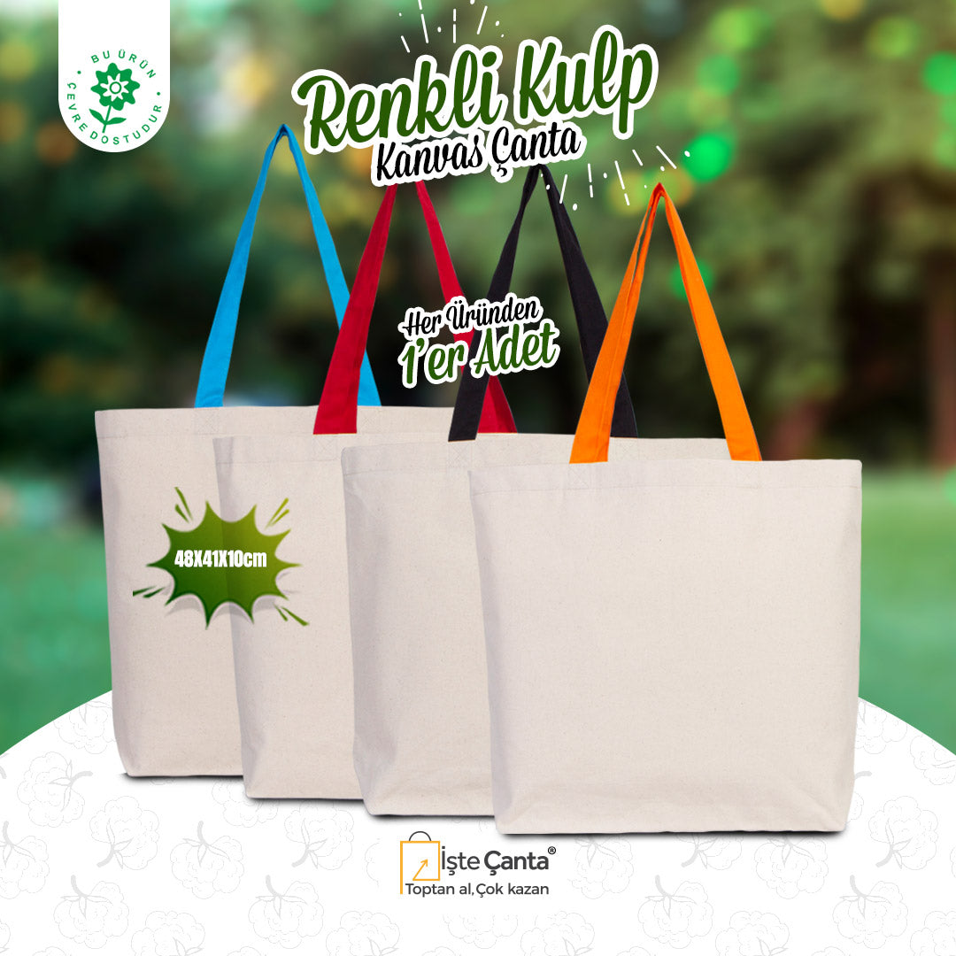 Kanvas Plaj Çantası Renkli Kulp Set 48x41x10 cm - Her Üründen 1 Adet ...